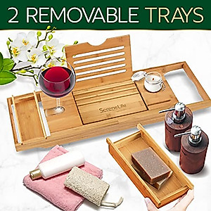 SereneLife Bath Caddy Breakfast Tray Combo - Natural Bamboo Wood Waterproof Bath Tub Caddy and Bed Tray with Folding Slide-Out Arms, Device Grooves, Wine Glass and Soap Holder SLBCAD50.5 , Brown