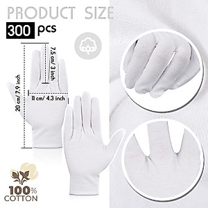300 Pairs Moisturizing Gloves Overnight White Cotton Gloves Bulk Pack for Hands Eczema, Thin Inspection Glove Liners Soft Working Gloves for Men Women Art Handling Cleaning Jewelry Coin Collection