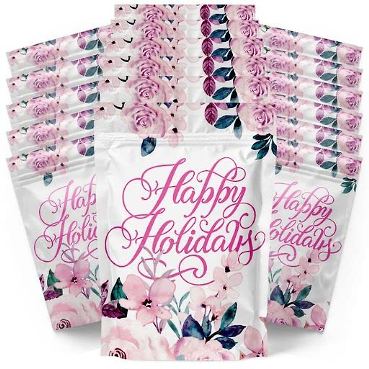 Resealable Standup Bags. Happy Holidays 20 Pk – Airtight, Waterproof, Zip Lock Seal and/or Heat Seal - Opaque Foil Pouch - Food Grade Bags For long shelf-life Storage (4x6, flowery)
