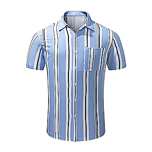 JMIERR Men's Hawaiian Striped Shirts Summer Casual Short Sleeve Button Down Beach Shirt with Pocket for Men, US 43(L), A2 Blue