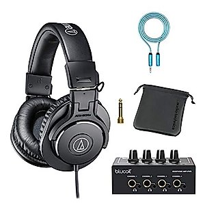 Audio-Technica ATH-M30x Professional Studio Monitor Headphones for Studio Tracking and Mixing (Black) Bundle with Blucoil 4-Channel Headphone Amplifier, and 6-FT Headphone Extension Cable (3.5mm)