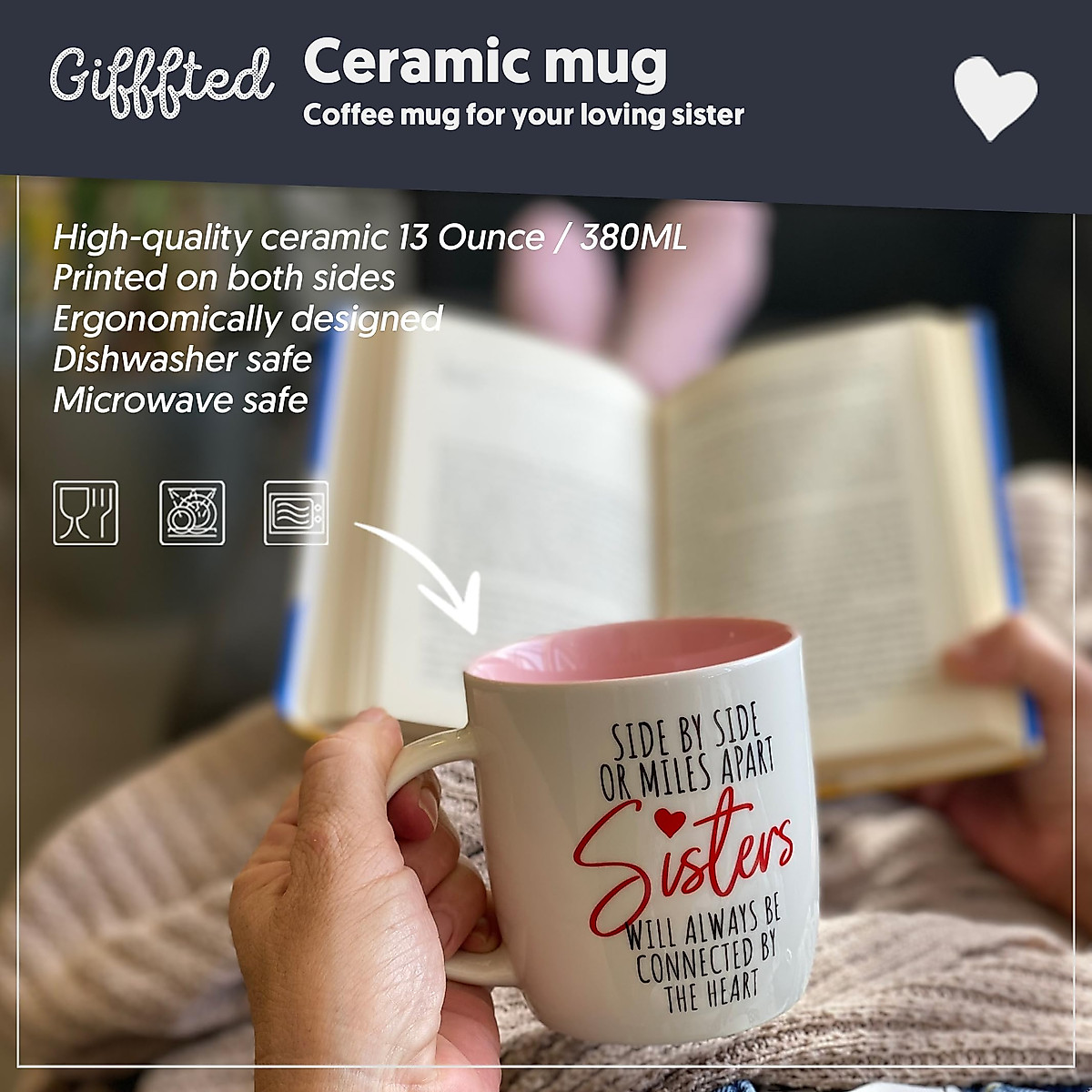 Triple Gifffted Best Sister Ever Coffee Mug & Socks, Gifts for Little Big Sisters from Brother, Birthday Presents Ideas, Valentines Mothers Day Christmas, to younger older sibling, Ceramic Cup 380ML