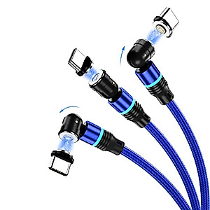 Magnetic Charging Cable 3A Fast Charging & Data Sync 540° Rotation 6.6ft Magnetic Phone Charger Cable Nylon Braided 3 in 1 Magnetic Cable Compatible with Android Micro USB/USB C/Type C/Phone Devices