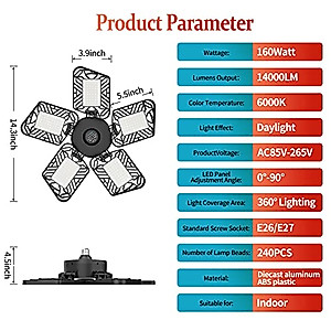 LED Garage Lights, Deformable LED Garage Ceiling Lights with 5 Adjustable Multi-Position Panels, 160W 14000LM Super Bright Garage Light Bulbs, LED Shop Lights for Garage Workshop Basement Attic