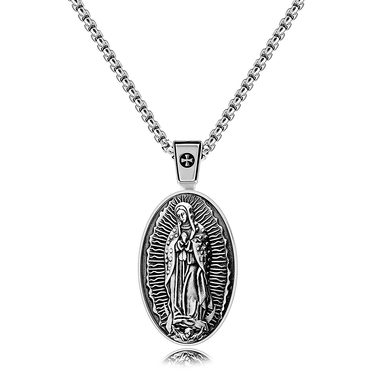 VENICEBEE® Guadalupe Our Lady Holy Virgin Mary Medal Devotional Christian Amulet Solid 925 Sterling Silver Pendant Necklace + Velvet Pouch, Polishing Cloth, Gift Box - Plata Nuestra Señora Virgen