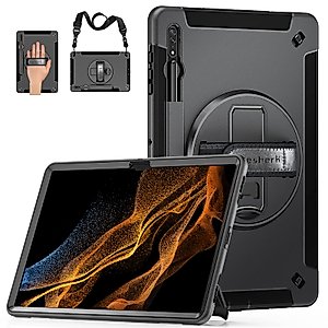 Miesherk Galaxy Tab S8 Ultra 14.6 Inch Case: Military Grade Tab S8U Case 2022 Heavy Duty Shockproof Protective Cover-S-Pencil Holder-Rotating Stand-Hand/Shoulder Strap for Samsung Tab S8 U Black