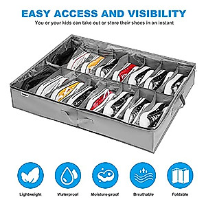 INAYA Under Bed Shoe Storage Organizer Set of 2, Fits 32 Pairs, Underbed Shoe Box Storage Containers Adjustable Dividers w/Bottom Support Velcro, Clear Foldable Shoes Storage w/Reinforced Handles