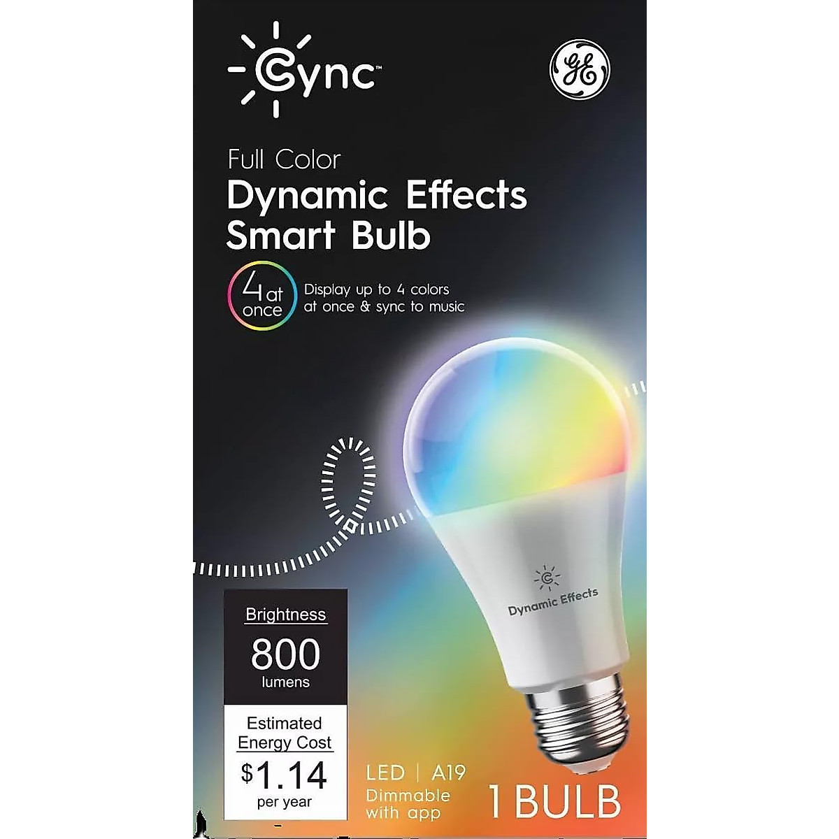 GE Cync Smart Bulb Dynamic Effects Full Color A19 2.4GHz Wi-Fi and Bluetooth Enabled, Works with Google Assistant and Amazon Alexa, No Hub Required (1-Pack)
