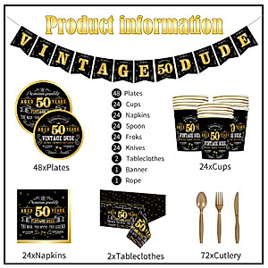 183 Pcs Vintage 50th Party Tableware Set, Black Gold Vintage Happy 50 Birthday Tablecloth 24 Guests Dinner Plates Dessert Plate Cup and Napkins for Men Cheers 50th Theme Birthday Party Supplies