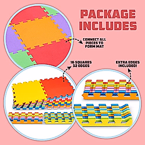 ToyVelt Foam Play Mat for Baby Kids Interlocking Foam Puzzle Floor Mats – EVA Non Toxic for Crawling, Exercise, Playroom, Play Area, Baby Nursery - 16 Tiles, Solid Colors