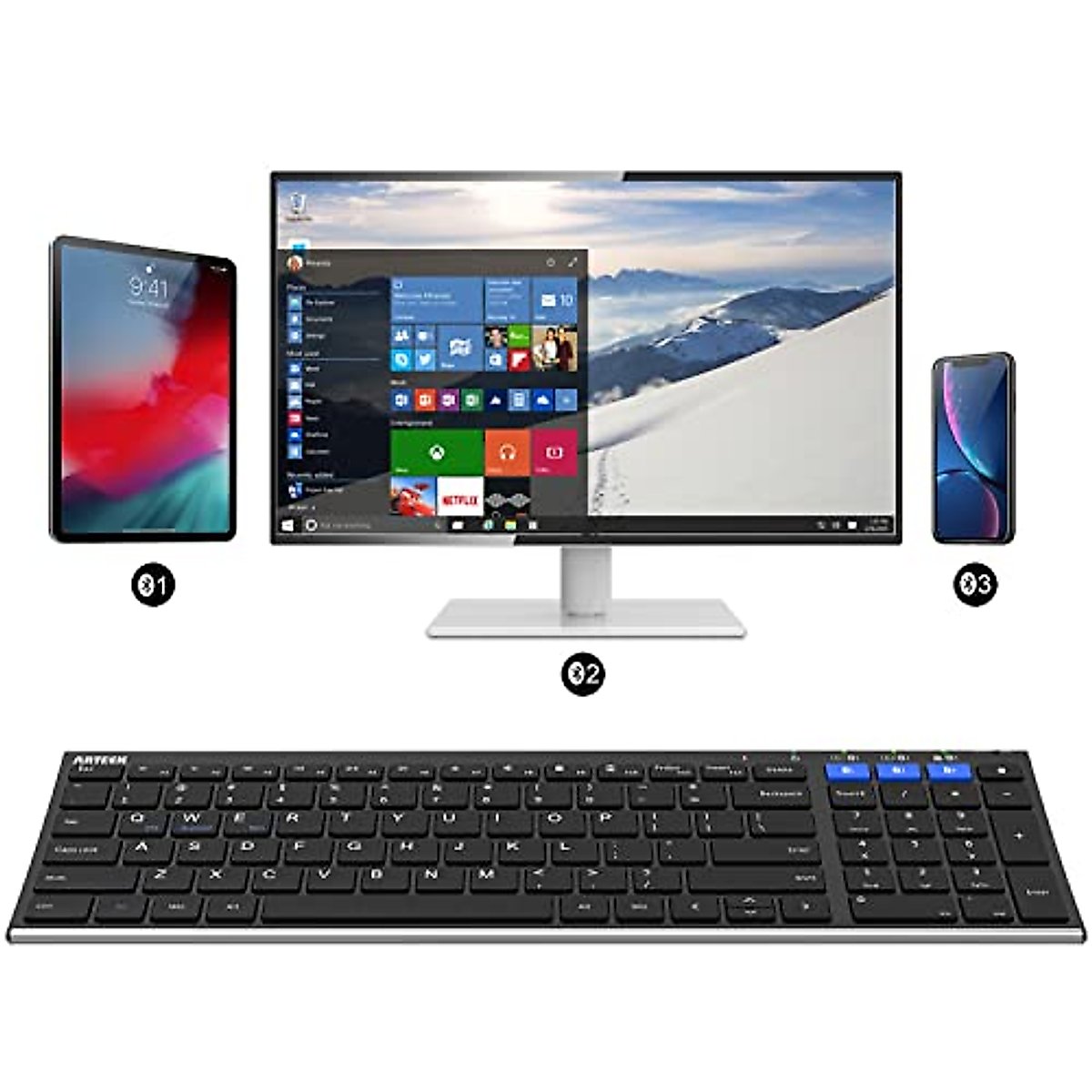 Arteck HB193 Universal Bluetooth Keyboard Multi-Device Stainless Steel Full Size Wireless Keyboard for Windows, iOS, Android, Computer Desktop Laptop Surface Tablet Smartphone Rechargeable Battery