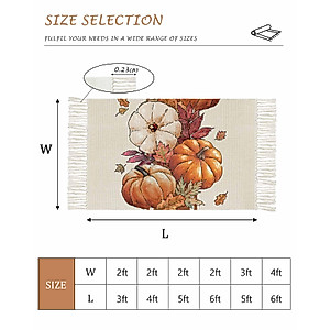 Fall Kitchen Runner Rug 2x5 Bedside Rug with Tassel Cotton Woven Throw Rugs Washable Hallway Runner Rug Thanksgiving Orange Pumpkin Maple Leaf Beige Floor Carpet for Bedroom Bathroom Living Room