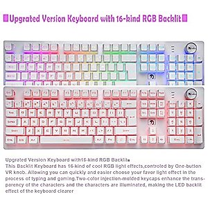 Wireless Rechargeable Keyboard and Mouse Combo,2.4G Full-Size Mechanical Feel Rainbow Backlit Gaming Keyboards with 7-Key 2400DPl Mice for PC Laptop Computer Gamer(White&RGB Light)