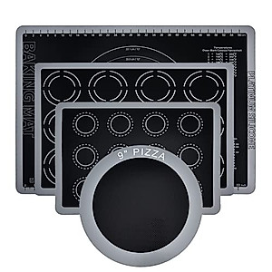 Silicone Baking Mat, Thickened Fiberglass Bakeware Oven Mats, Baking Kneading Pads, 4 Piece Set (black base grey side)