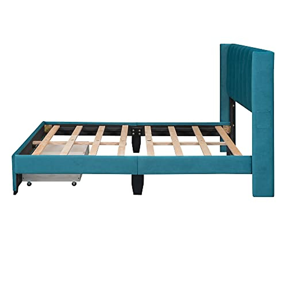 SOFTSEA Full Size Upholstered Bed Frame with Large Drawer Velvet Platform Bed Frame with High Headboard for Bedroom
