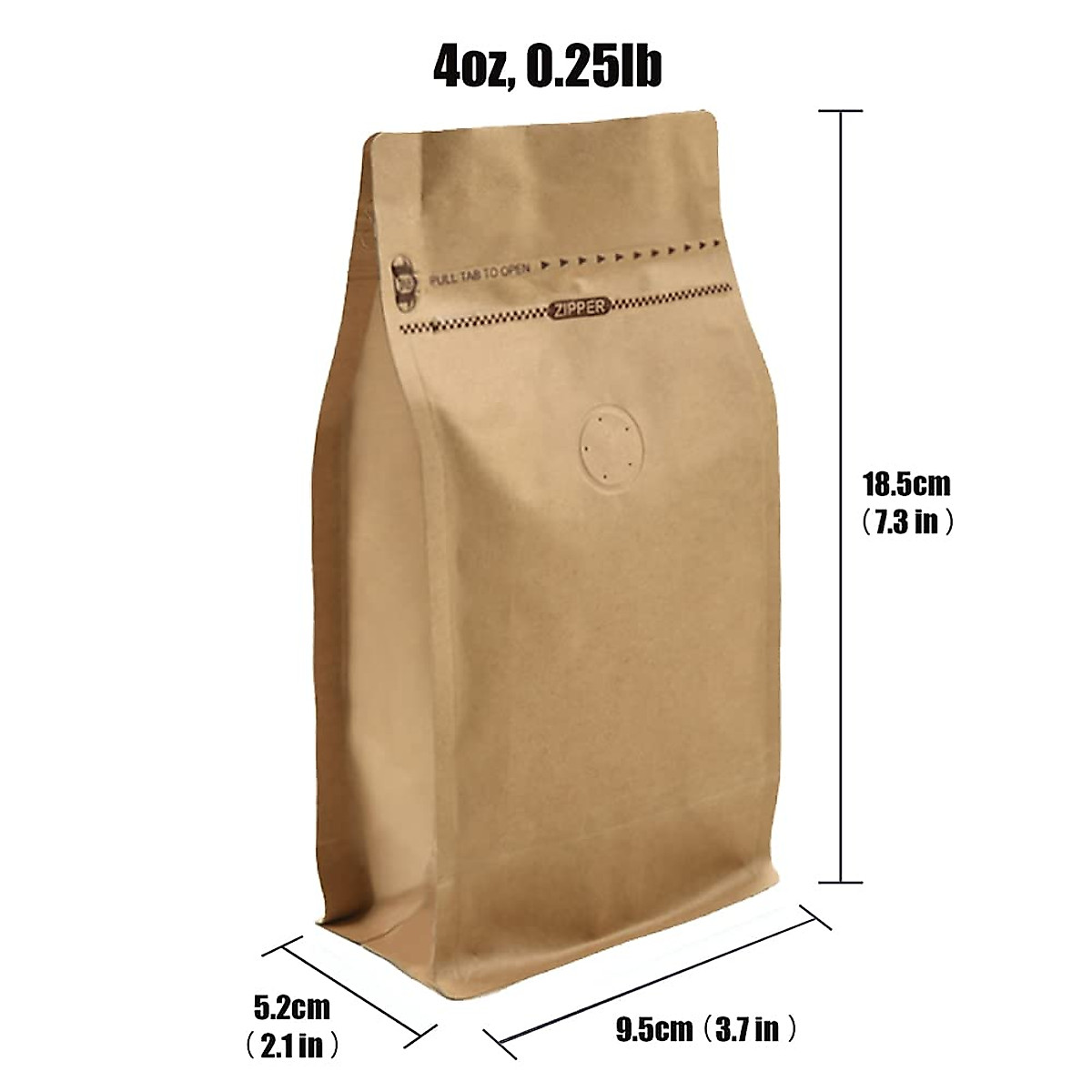 50 Pieces 4 Ounce Kraft Paper Stand Up Coffee Bag/Flat Bottom Pouch with Air Release Valve and Reusable Side Zipper. (50pcs, ¼lb/4oz/100gram)