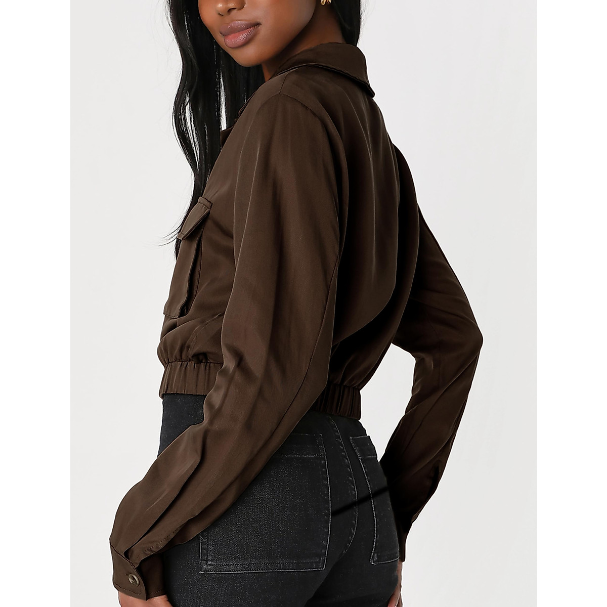 Vimyig Women's Lightweight Black Cropped Utility Jacket Military Safari Button Down Anorak Coat with Pockets(Brown-M)