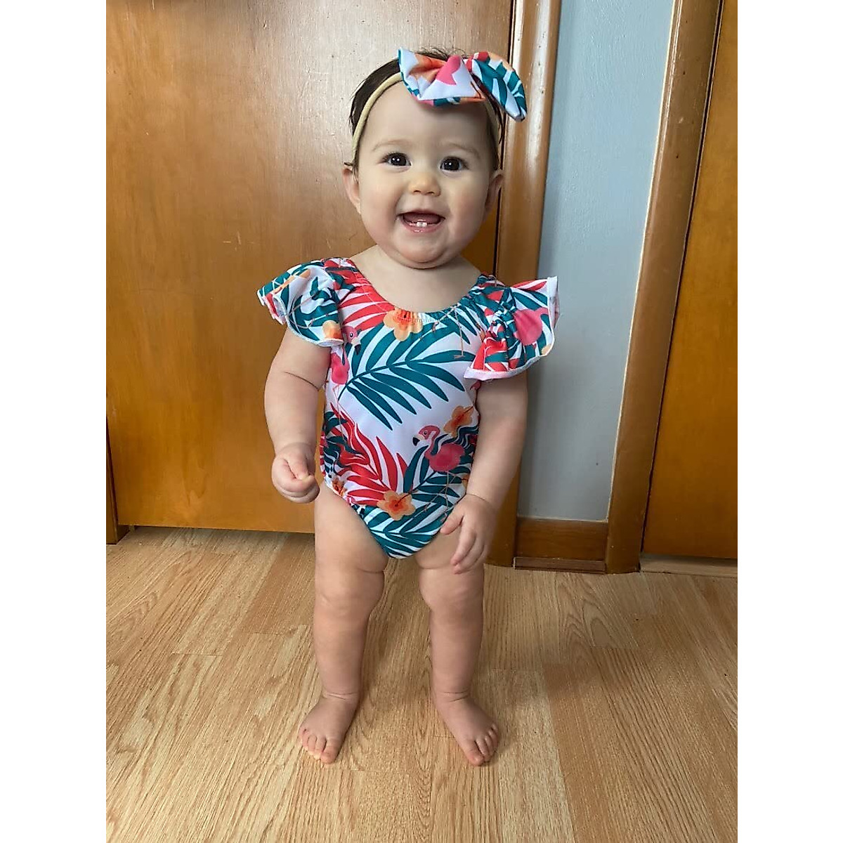 MINIFEIKO Toddler Baby Girl Tropical Swimsuit Newborn Girls One Piece Ruffle Bathing Suit with Headband Summer Bikini Swimwear for Infant Girls(Palm Leaf,12-18 Months)