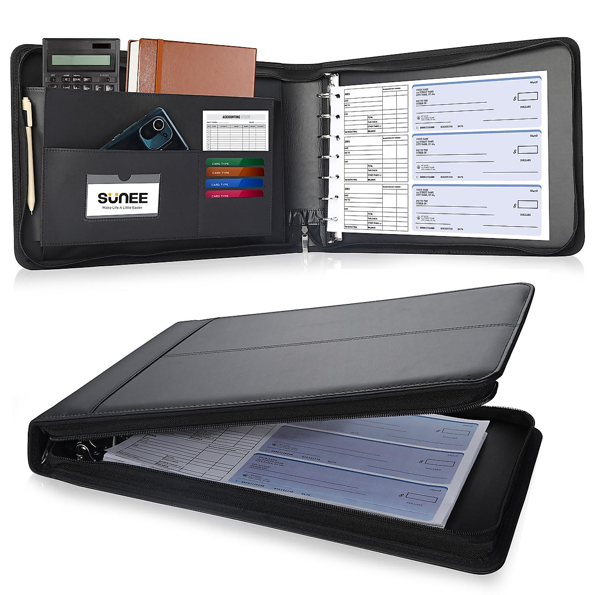 SUNEE Zippered Business Checkbook Binder 7 Ring 1 Inch with Zipper for Business Checks (9" x 13"), PU Leather 7 Ring Check Binder for Business Checks Holds 600 Checks Capacity for Executive Supplies