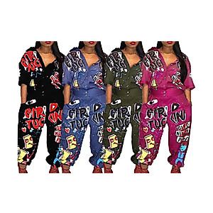 LKOUS Women's Casual Cartoon Printing Short Sleeve High Waist One-piece Button PlaySuit JumpSuit Romper, Black, XX-Large