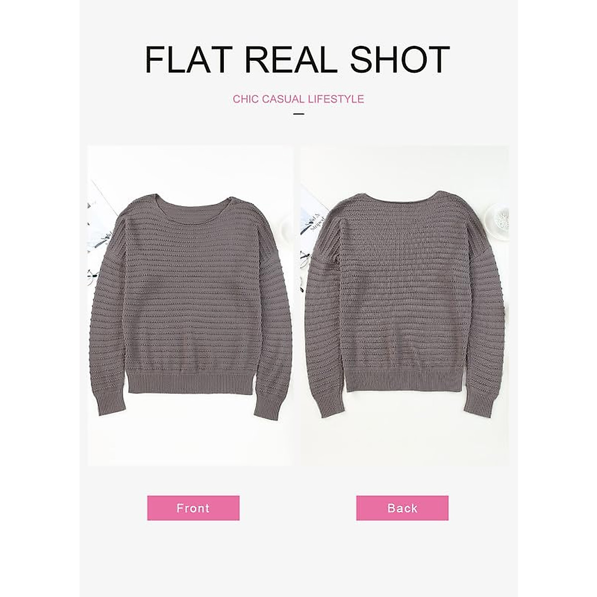 Dokotoo Womens Long Sleeve Tops Winter Fall Fashion 2024 Crewneck Drop Shoulder Ribbed Knit Textured Sweaters Solid Pullovers Jumper Gray Medium