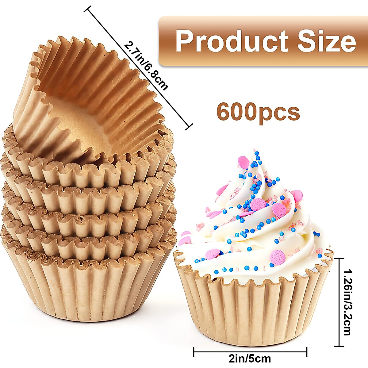 Cupcake Liners, 600 Count Cupcake Wrappers, Cupcake Paper Baking Cups for Cake, Muffins, Candies (Natural Color)