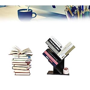 Lydia88 Tree Bookshelf，2-Layer Floor Standing Bookshelf，The Desktop Bookshelf Can Hold Books，Magazines, CDs and Photo Albums，Desktop Organizer，Office Storage Rack Real Wooden Bookshelf，Black