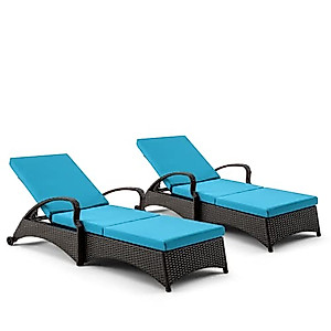 RYNSTO Patio Chaise Lounge 2 Sets with 5 Backrest Angles, Single Adjustable Patio Wicker Lounge Chair with Water Repellent Cushion and Wheels for Poolside Backyard Deck Porch Garden, Blue