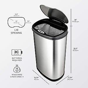 NINESTARS CB-DZT-50-13/12-13 Automatic Touchless Infrared Motion Sensor Trash Can Combo Set, 13 Gal 50L & 3 Gal 12L, Stainless Steel Base (Oval, Silver/Black Lid)
