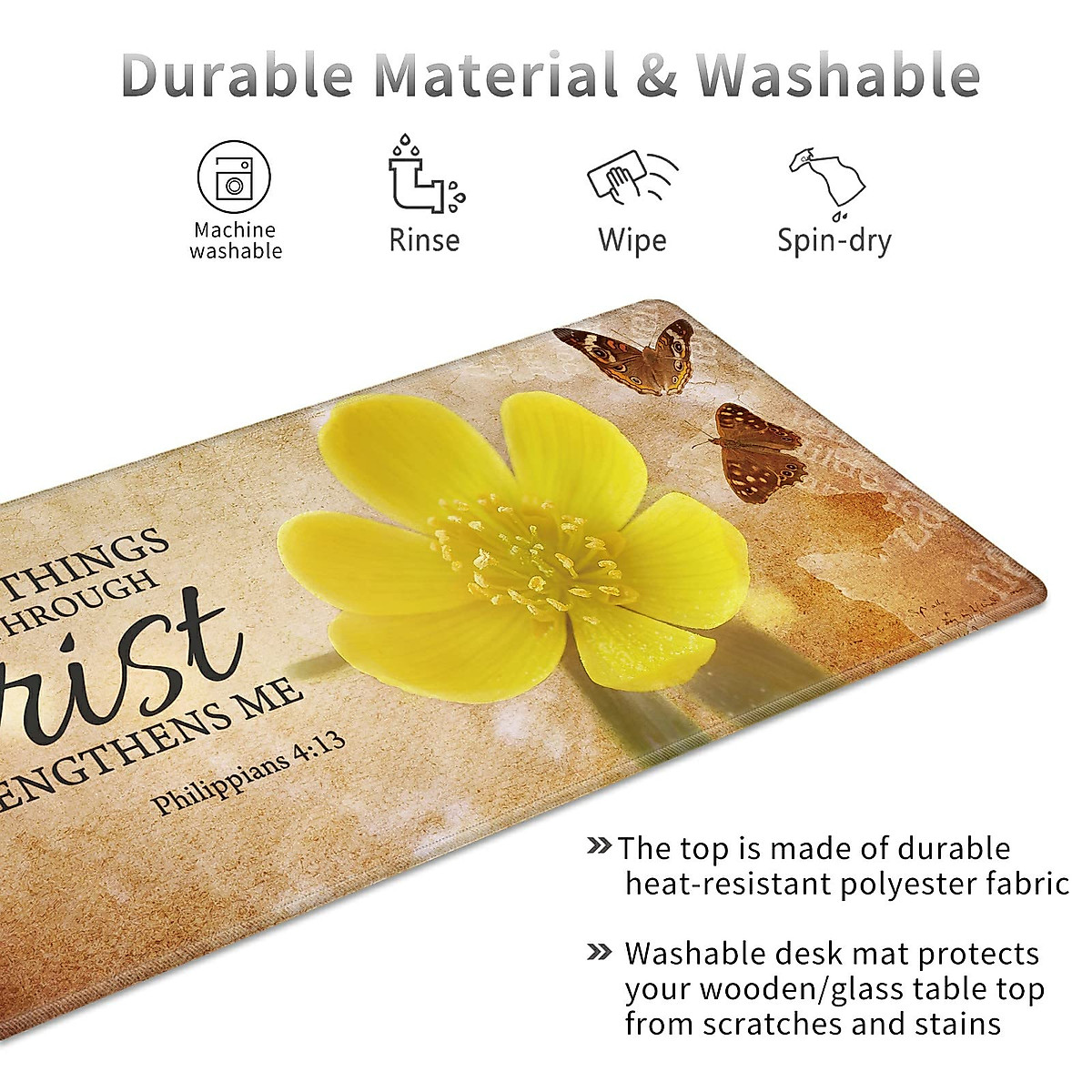 Desk Pad Mat + Wrist Rest Pad + Coasters Set, Durable Office Desk Mat 31.5"x 11.8", Large Gaming Mouse Pad Extended Non-Slip Rubber Base Keyboard Pad for Laptop & Home, Bible Verse Philippians 4:13