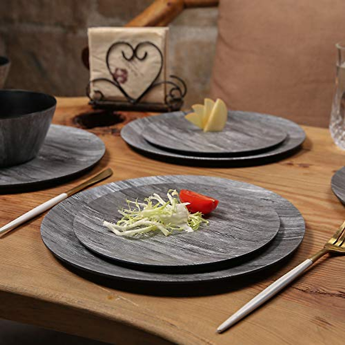 Plates and Bowls Set - 12pcs Melamine Dishes Dinnerware Set, Service for 4, Nonstick for kitchen,Outdoor/Indoor use,Wood Grain Pattern