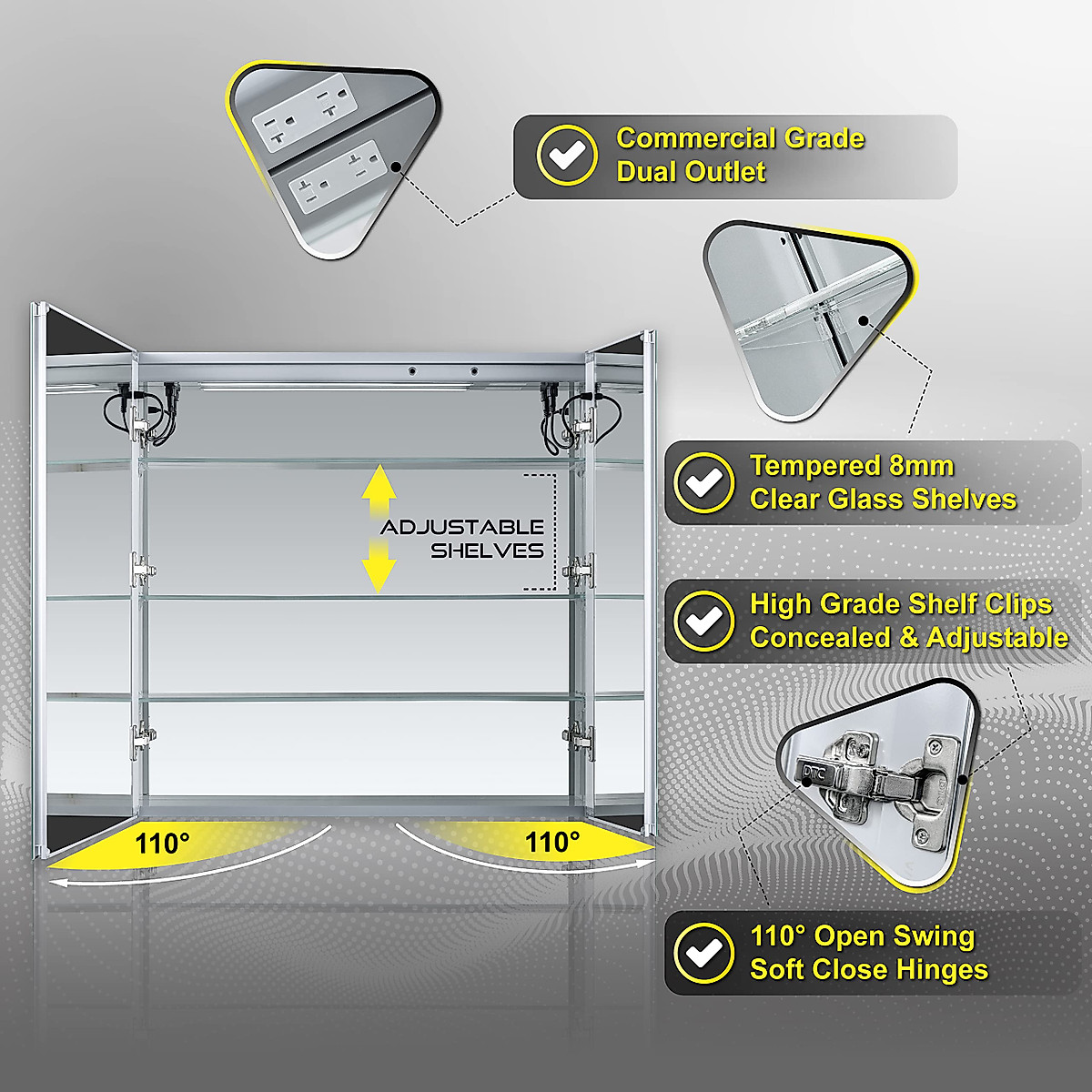 DECADOM LED Mirror Medicine Cabinet Recessed or Surface, Dimmer, Clock, Room Temp Display, Dual Outlets (Duna 30x32)