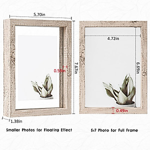 MUYE 5x7 Floating Frames Distressed Beige White Wood Pattern,Double Glass Picture Frame Display Any Size Photo up to 5x7,Wall Mount or Tabletop,2 Pack