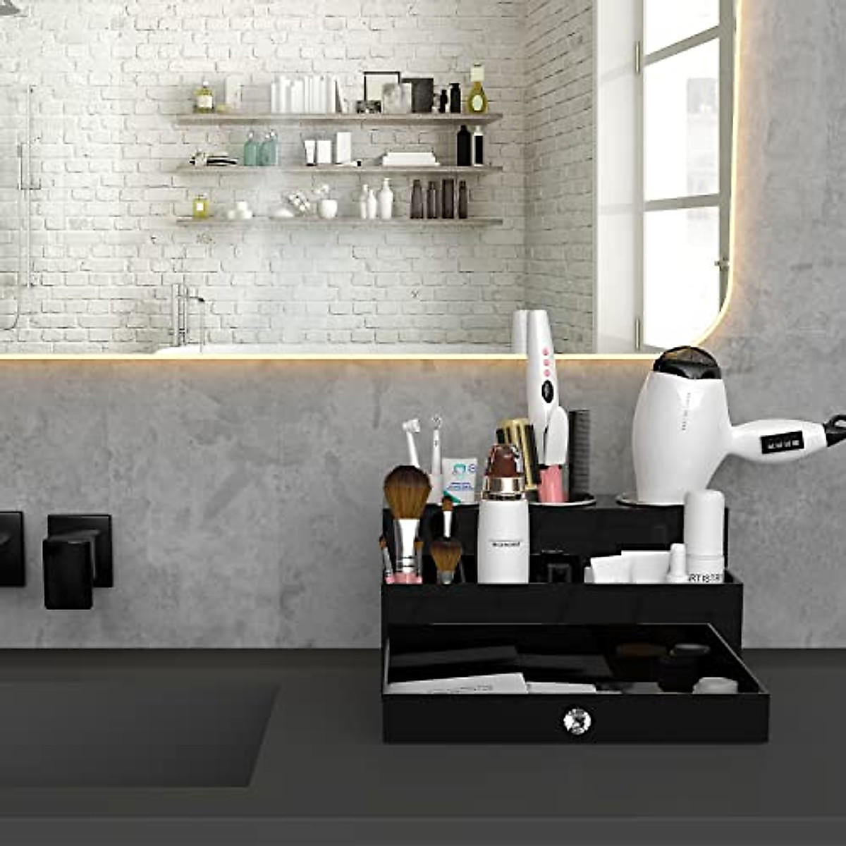 Hair Tool Organizer, ILYXY Acrylic Hair Dryer Holder with Large Space Drawer, Hair Organizer Storage with 3 Stainless Steel Cups, Shiny Black Hot Tools Organizer Vanity Caddy Storage