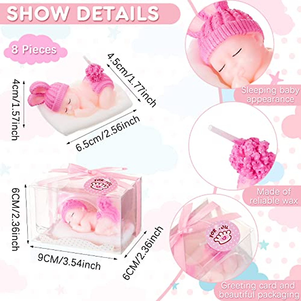 8 Pack Sleeping Baby Cake Topper Candle Pink Blue Baby Shower Candles Baby Shower Favors Children's Birthday Handmade Cake Topper Candle Wedding Festival Party Favors Decorations(Pink)