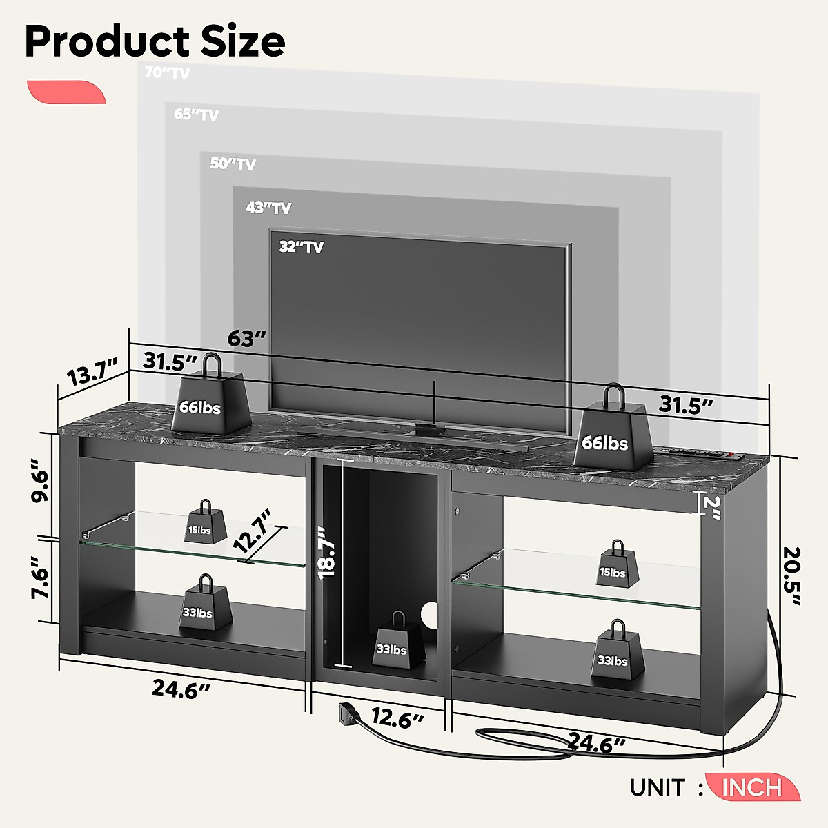 Bestier TV Stand for 70 inch TV with Power Outlets, LED Entertainment Center for PS5, Gaming TV Consoles with Glass Shelves for Living Room, 63'' Inch, Black Marble