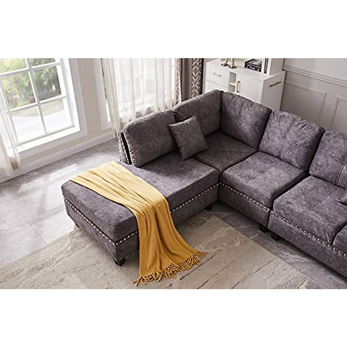 UBGO Living Room Furniture Sets,Modular Sectional Sofa Set,L-Shape Couch Set with Storage Ottoman and Two Small Pillow,Sofas & Couches with Reversible Chaise for Large Space Dorm Apartment-Gray