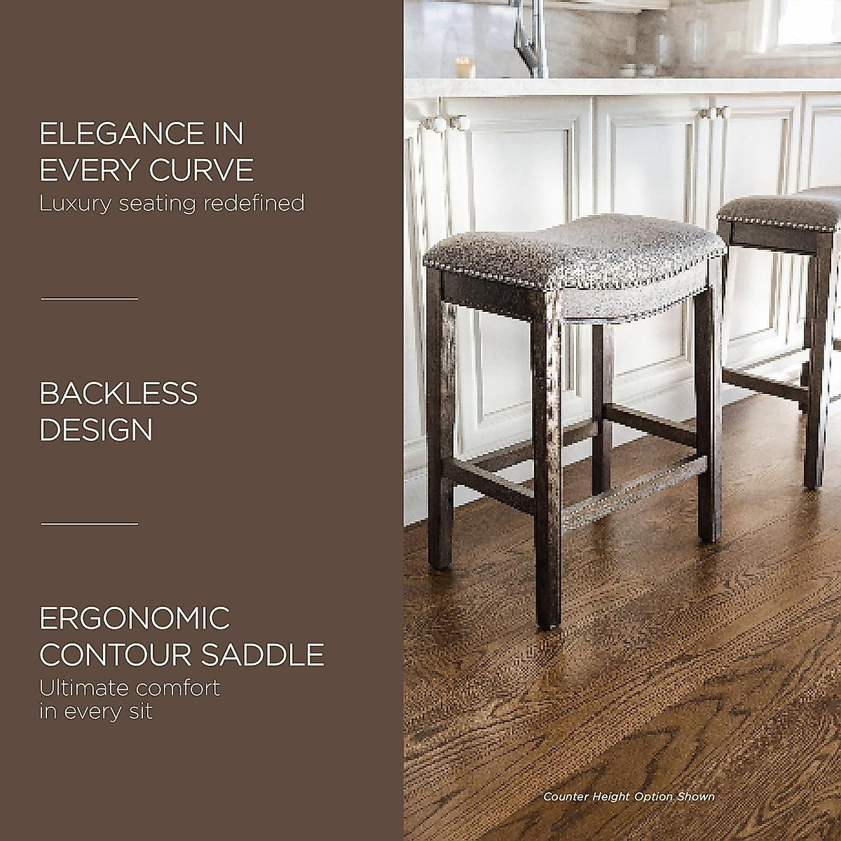 Maven Lane Adrien 31 Inch Bar Height Upholstered Backless Saddle Barstool in Dark Walnut Finish with Ash Grey Fabric Cushion Seat