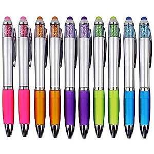 MiSiBao Stylus Pens for Touch Screens, Medium Point Pens with Crystals for Women and Kids Black Ink Pen with Stylus Ballpoint Pens with Comfort Grip for The Ipad(10 Count+4 Refills)