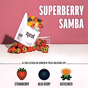 Zest 135mg High Caffeine Energy Leaf Blend - Superberry Samba Green Tea - 20 Pack Bag - Hot or Iced - All Natural Strong Flavored Healthy Coffee Highly Caffeinated Substitute - Perfect for Keto Diet