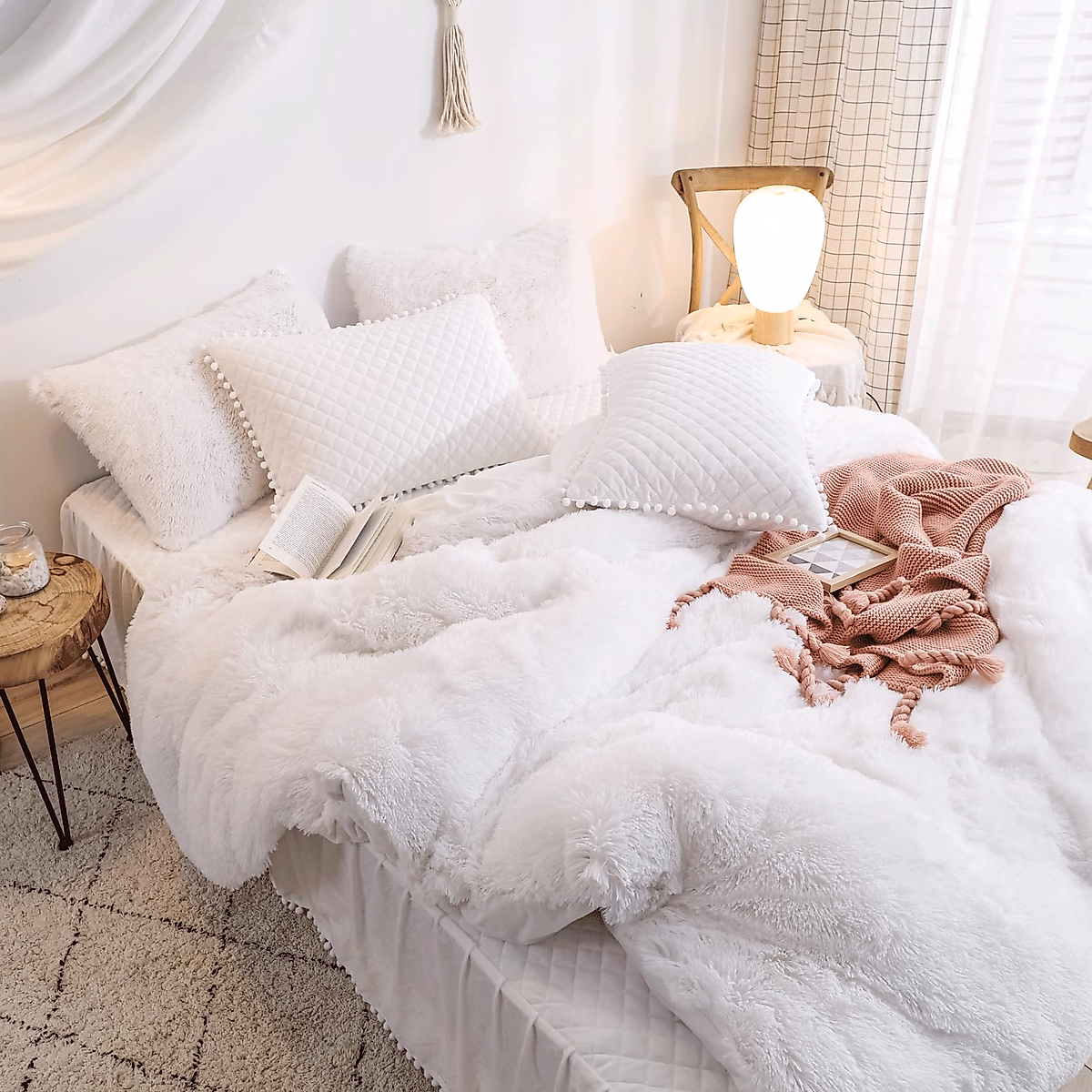 HAIHUA White Faux Fur Comforter Cover Queen Size - Fluffy Luxury Ultra Soft Plush Comforter 3 Pieces (1 Shaggy Duvet Cover + 2 Pillow Shams) Faux Fur Fuzzy Bedding Set (White, Queen)