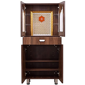 The Mandir Store Wooden Mandir with Doors Led Lights Storage Cabinet in Walnut Colour