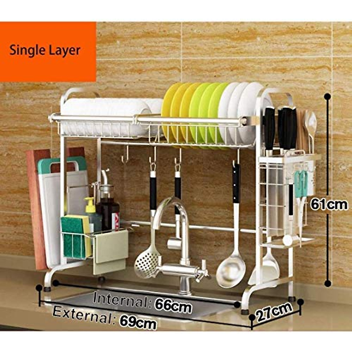 TIST Cutlery Rack 304 Stainless Steel Storage Rack Drain Rack Kitchen Shelf 1 Layer Dish Drying Rack (Size: 69CM)