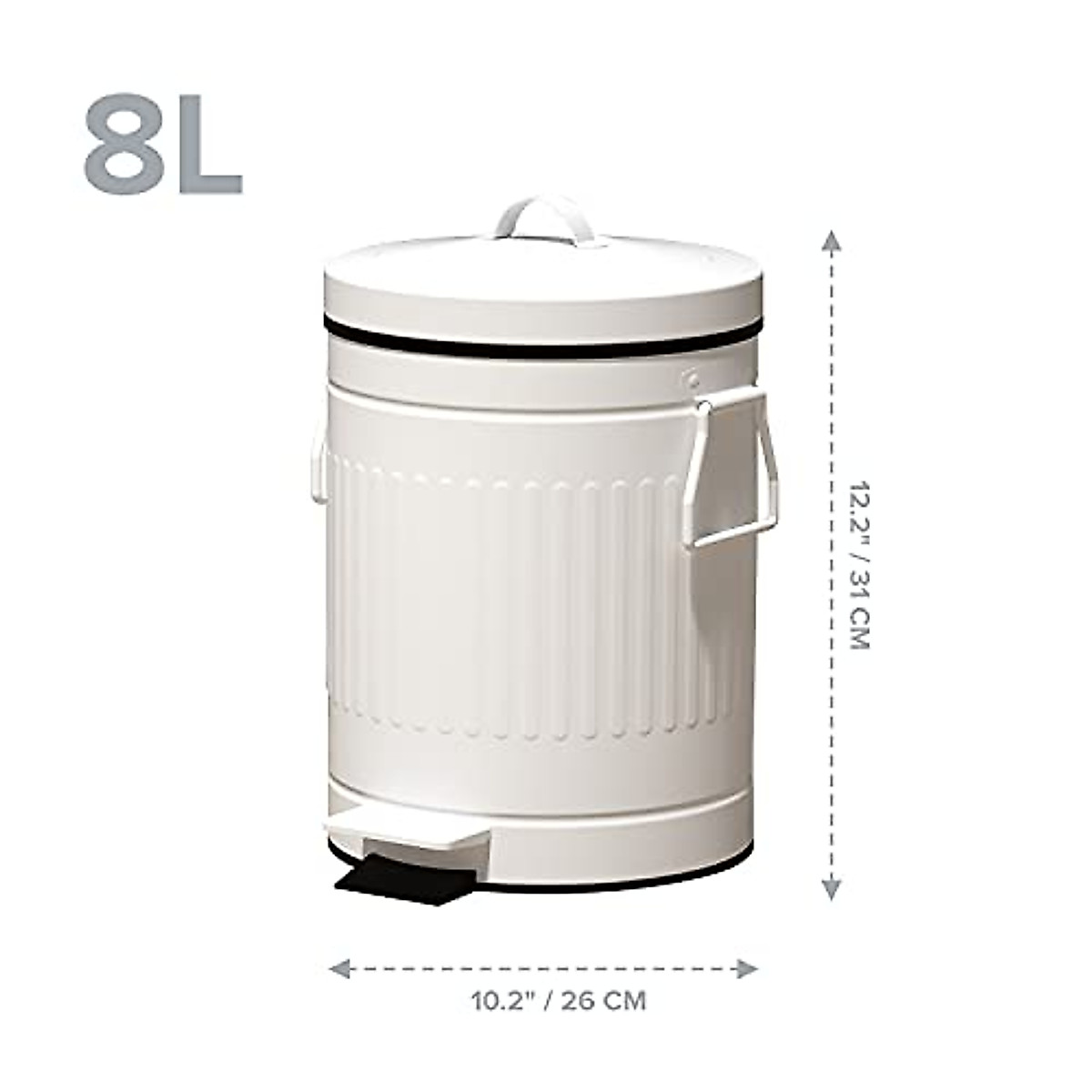 Retro Trash Can with Lid - 8L/2.1Gal Step Trash Can w/ Soft Closing Lid - Round Garbage Can w/ Handles - Touchless Trash Can w/ Removable Garbage Guard Bucket - Outdoor Garbage Can - Large Trash Bin, White
