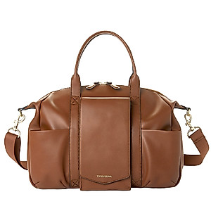 TWELVElittle Peek A Boo Vegan Leather Satchel Diaperbag - Baby Bag with Wipes Pouch, Stroller clips and Diaper Changing Mat, Toffee, Vegan Leather