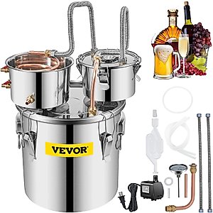 VEVOR Alcohol Still, 3 Gallon, Stainless Steel Alcohol Distiller with Copper Tube & Build-in Thermometer & Water Pump, Double Thumper Keg Home Brewing Kit, for DIY Whiskey Wine Brandy