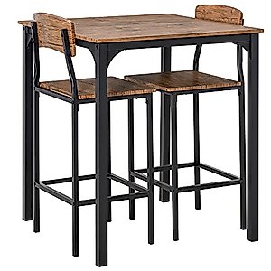 HOMCOM 3 Piece Industrial Counter Height Dining Table Set, Bar Table & Chairs with Steel Legs & Footrests, Black