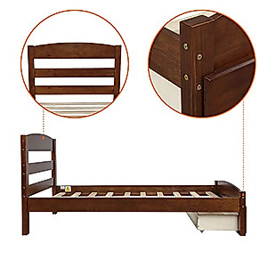 Platform Twin Bed Frame with Storage Drawer and Wood Slat Support No Box Spring Needed (Walnut)