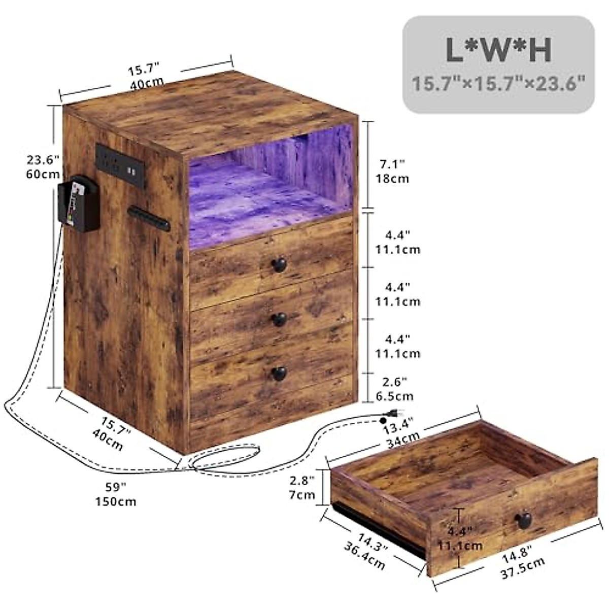 LIKIMIO Nightstand with Charging Station and 3 Drawers, LED Lights End Side Table with interchangeable sockets and Hooks, Vintage Brown