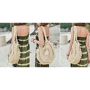 GK-O Lady Straw Tote Bags Round Handbag Crochet Wicker Rattan Boho Woven Beach Summer (Beige)